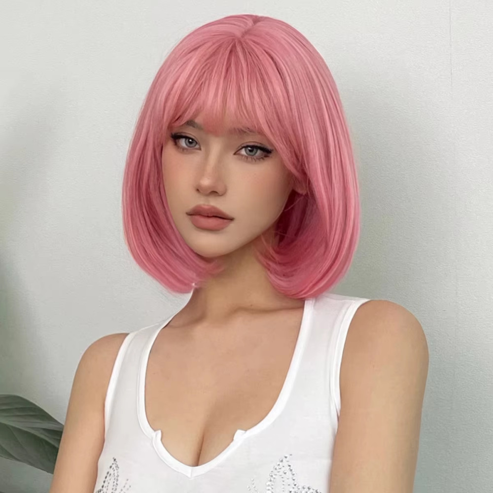 Jual Louis Wig Rambut Palsu Lurus Pink Straight Bob Hair With Bangs ...