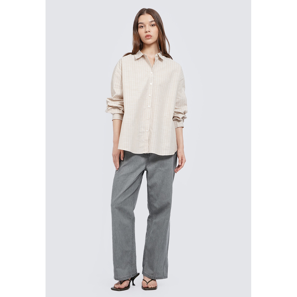 Jual ET CETERA Striped Long Sleeve Blouse KHAKI | Shopee Indonesia