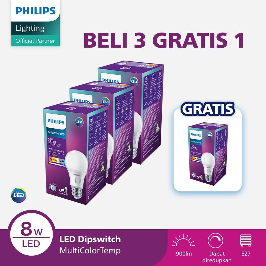 Jual Paket Philips 3 Free 1 Lampu Philips DipSwitch Bohlam LED 8W 5 ...