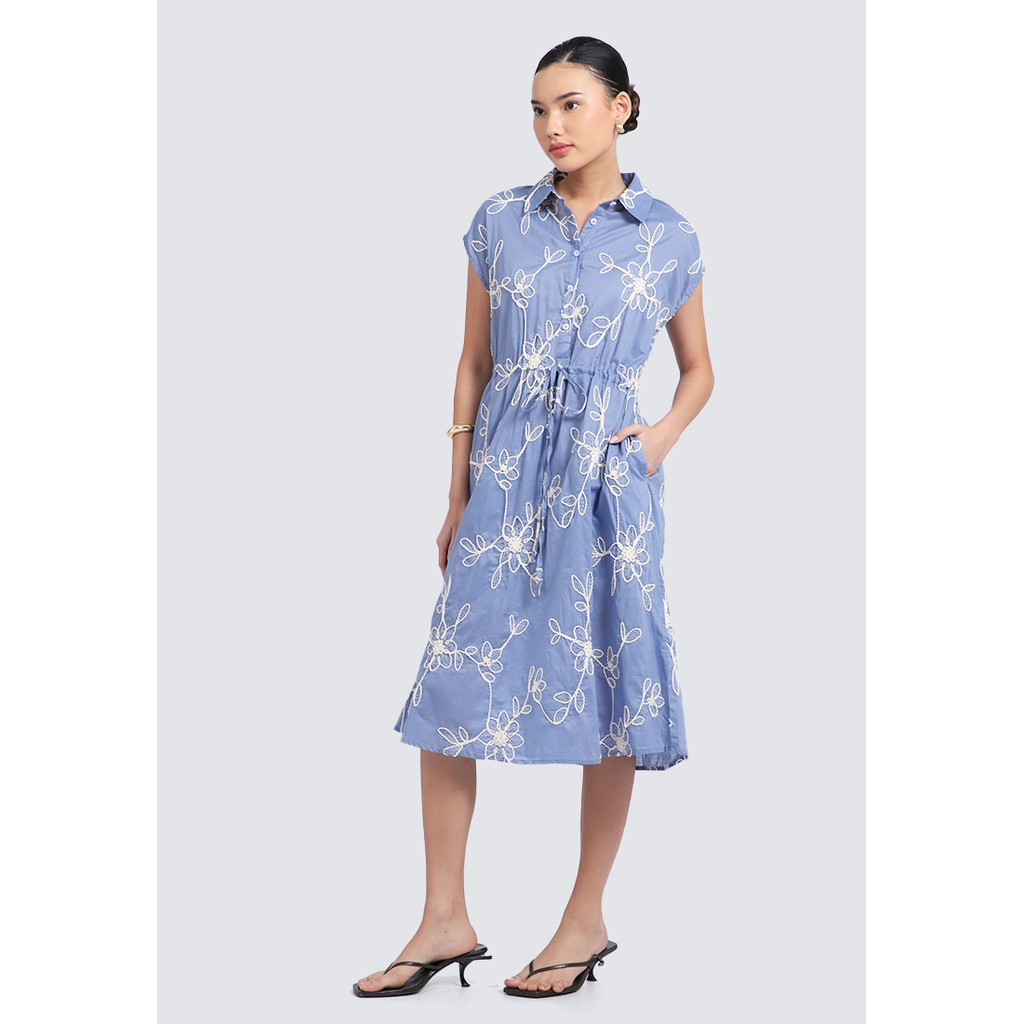 Jual Et Cetera Embroidered Short Sleeve Midi Dress MED BLUE | Shopee ...