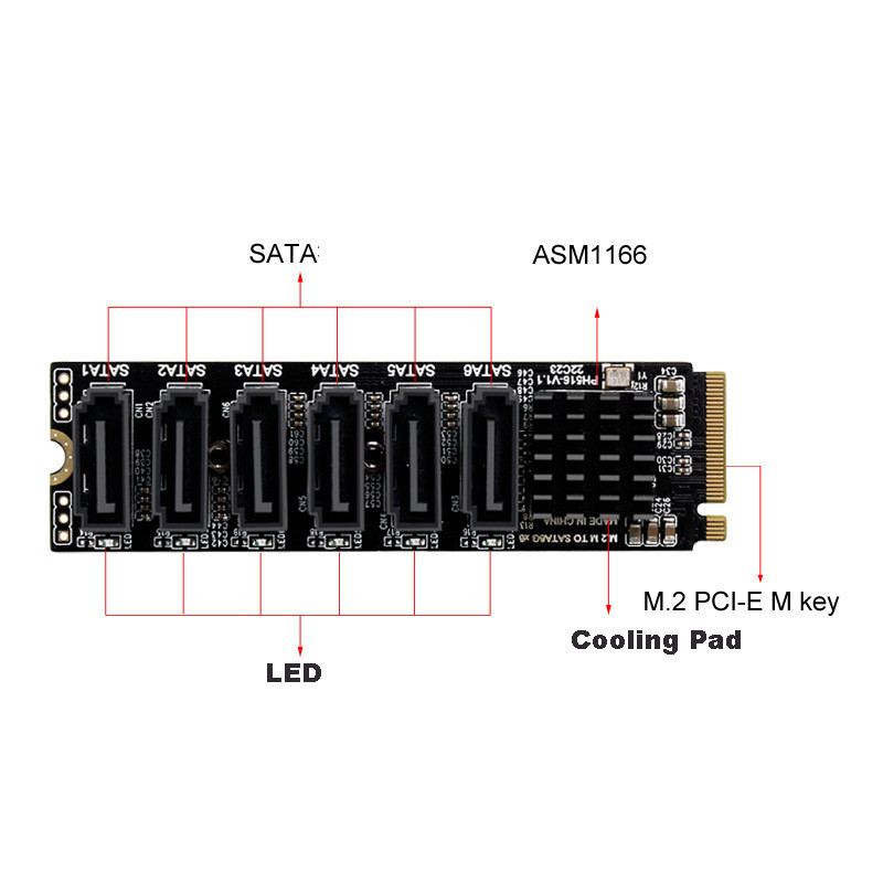 Jual M.2 M KEY NVME to SATA Convert Card 6 Ports SATA 3.0 Extend ...