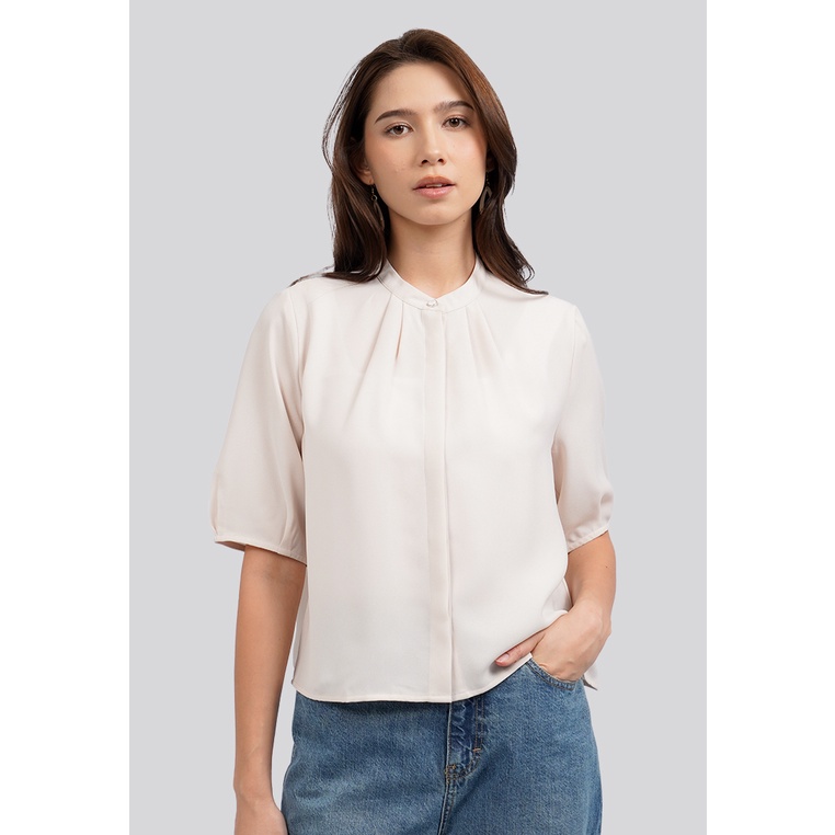 Jual Executive Round Neck Puff Sleeve Blouse Ecru | Shopee Indonesia