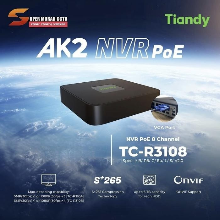 Jual TIANDY TC-R3108 NVR PoE 8CH 8-Port Support ONVIF IP Camera CCTV | Shopee Indonesia