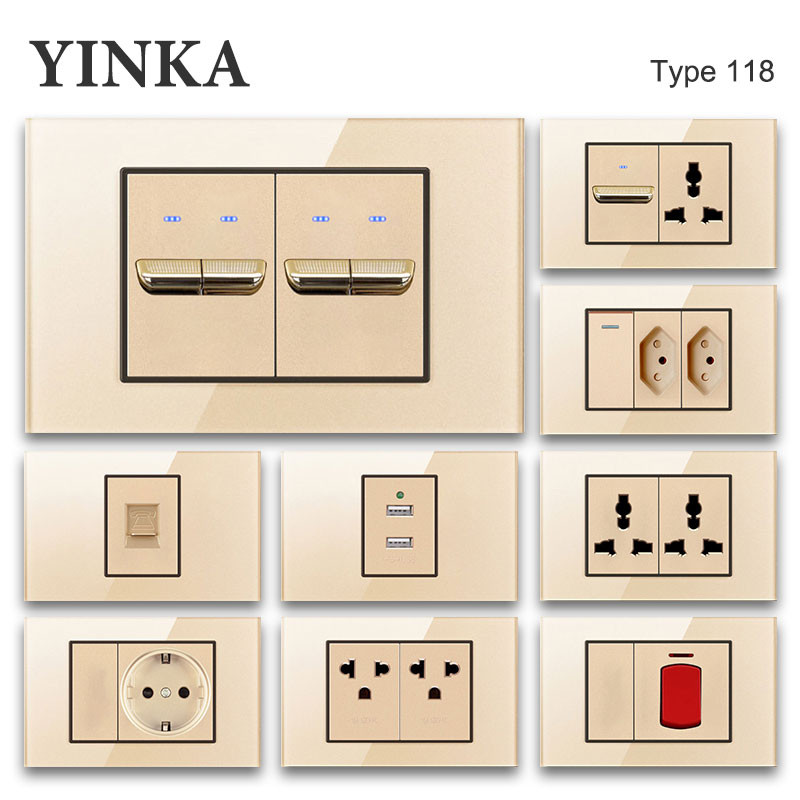 Jual NEW YINKA Tempering Glass Wall Light Switch Dual USB Outlet Wall ...