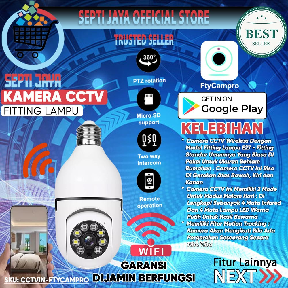 Jual Blueskyy - IP Camera CCTV Wifi Wireless 360 Panorama Model Fitting Lampu Bohlam Bulb E27 ...