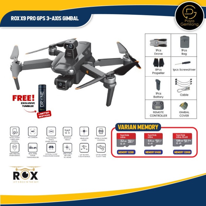 Jual terbaru !!! rox x9 pro gps 3-axis gimbal 4km camera 4k 40 min rc ...