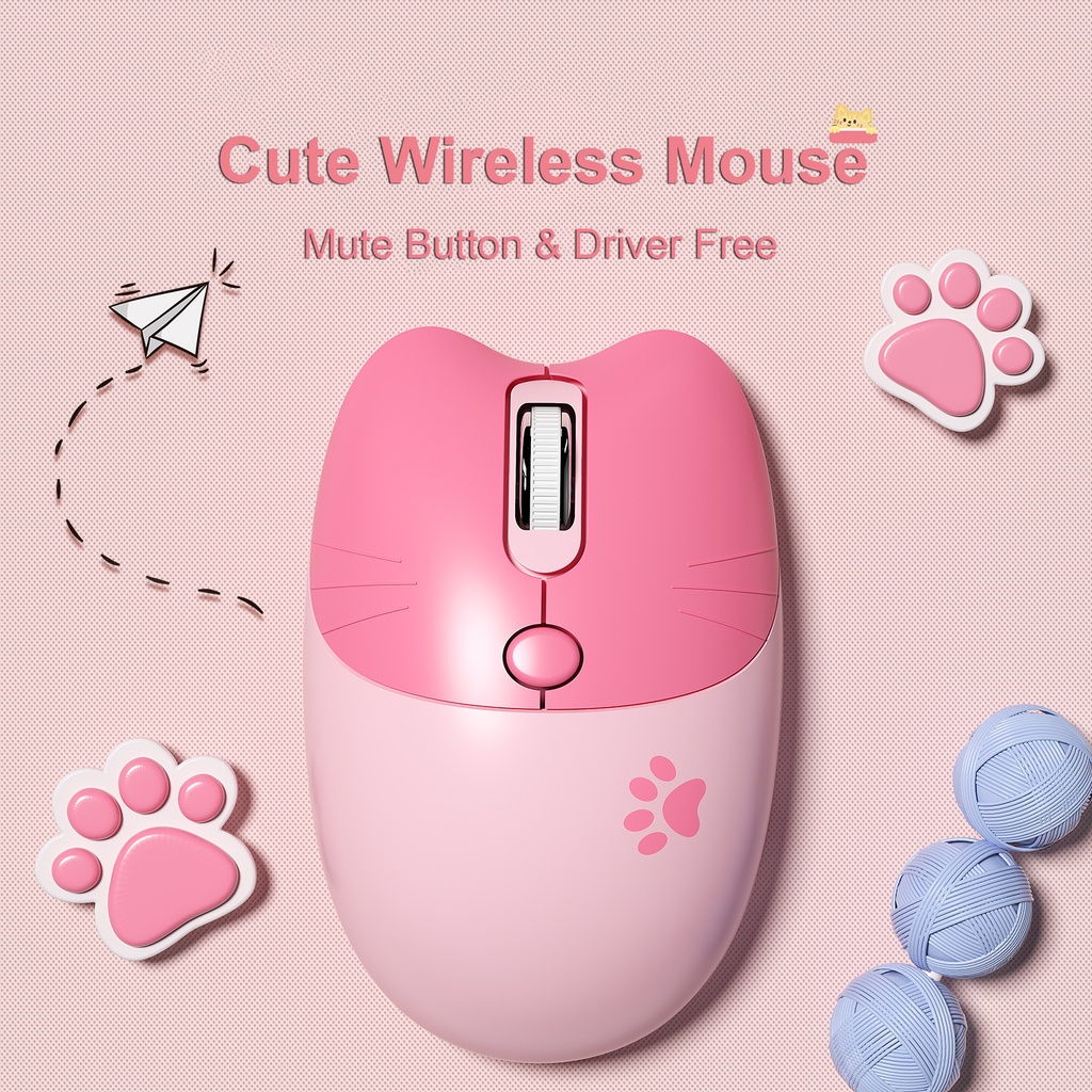 Jual Pink Wireless Cute Meow Mouse Cartoon Silent Optical Ergonomic ...
