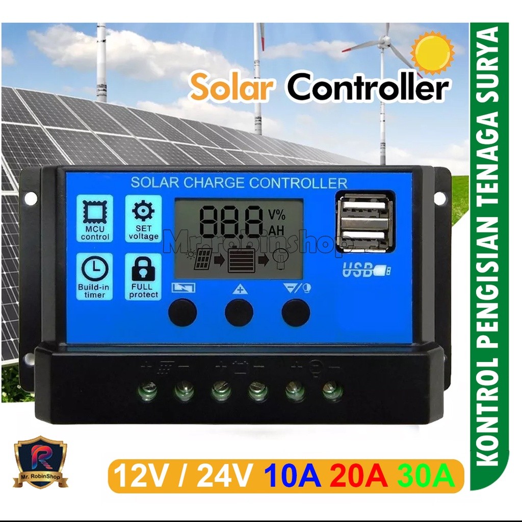 Jual Solar Charge Controller LCD LED Display Solar PWM 12V/24V 10A 20A 30A USB Panel Surya ...