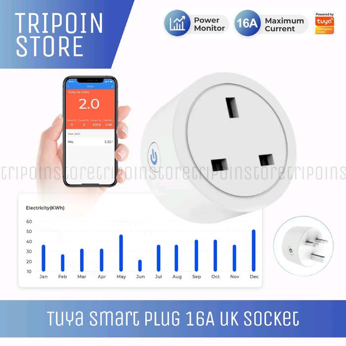 Jual Tuya WIFI Smart Plug UK 16A Steker AC Colokan Kaki 3 Power Energy ...
