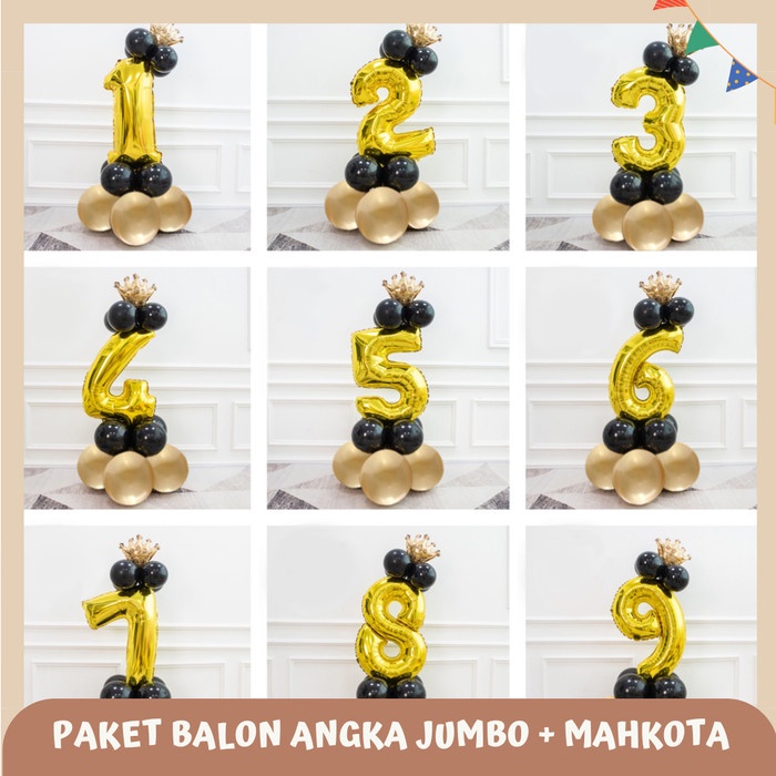 Jual Paket Balon Angka Jumbo Crown Mini/ Balon Angka 100 Cm Gold Black ...