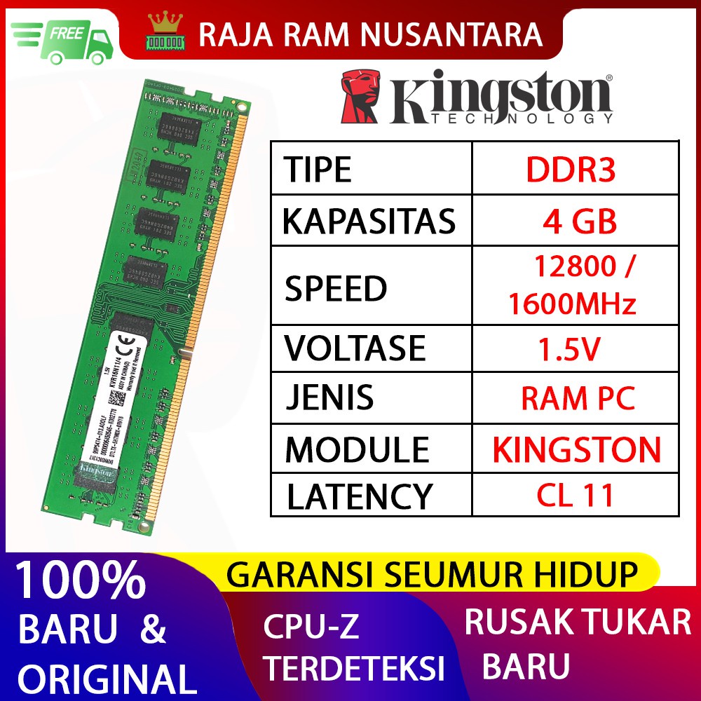 Jual RAM PC KINGSTON DDR3 4GB 12800 / 1600MHz ORI RAM KOMPUTER RAM PC 1 ...
