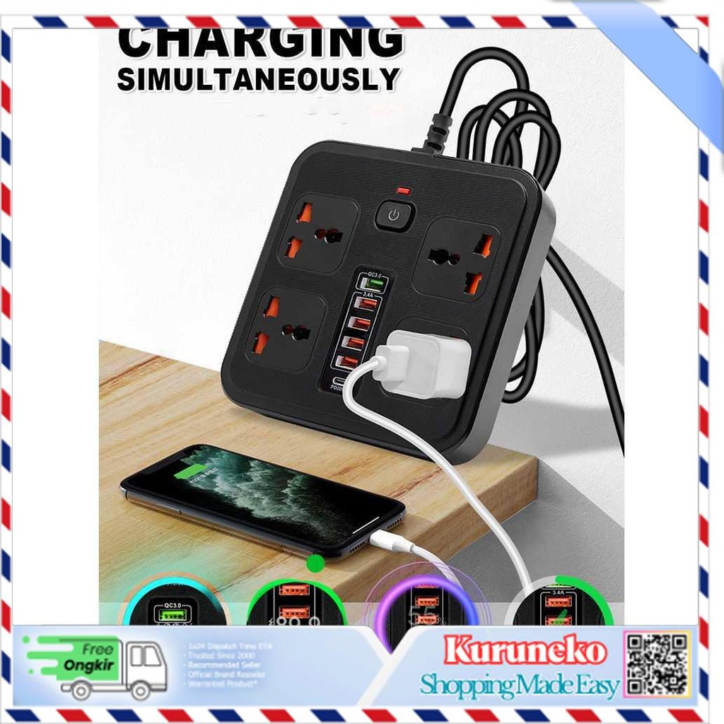 Jual Stop Kontak 4 Lubang Universal USB PD EU Plug 10A 250V 3000W 2M - BKL-666 | Shopee Indonesia