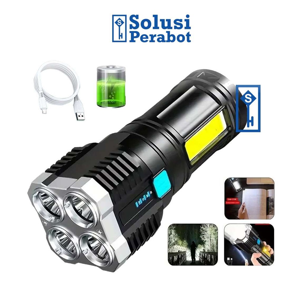 Jual Senter LED 4 Mata 4 Mode Cahaya COB E001x SP / Charge USB ...