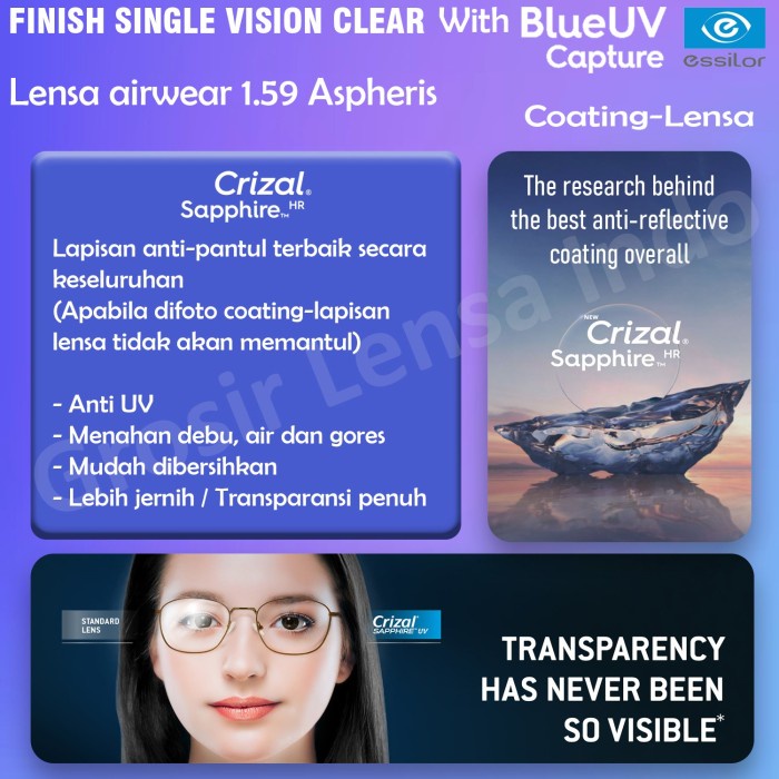 Jual Lensa Essilor Fsv Super Blue Uv Capture Crizal Sapphire | Shopee ...