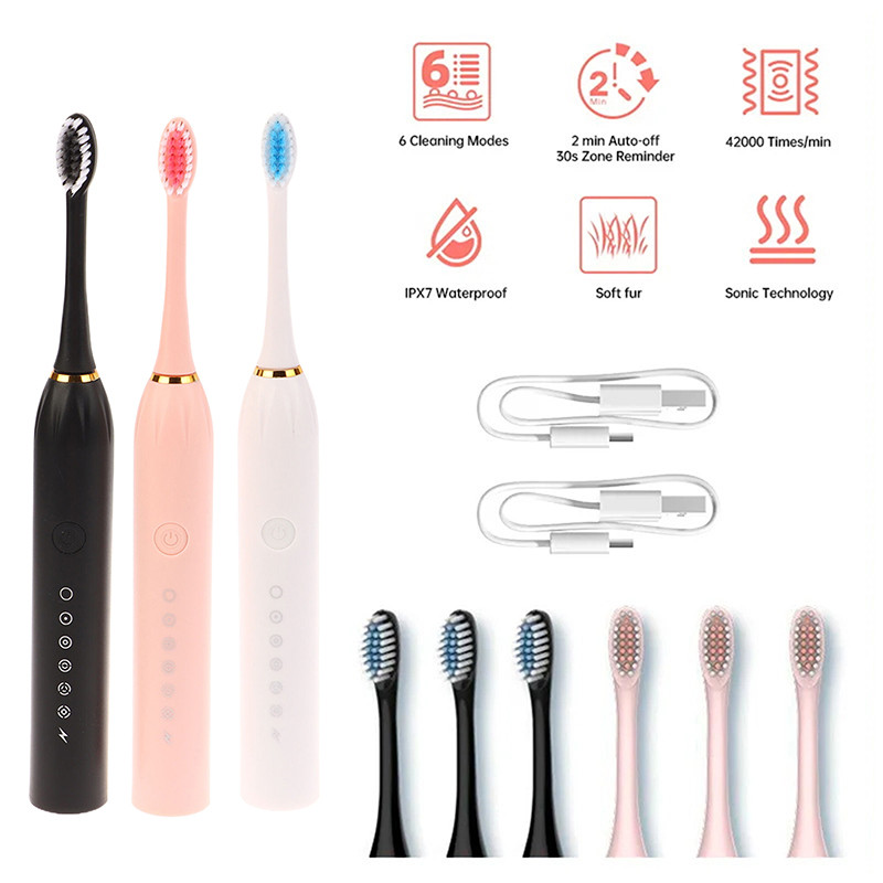 Jual Usb Rechargeable Toothbrush For Adult 6 Clean Modes Sonic Electric ...