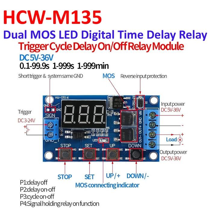 Jual Hcw-M135 Delay Relay Module Dual Mosfet Output Display Led Digital Time Trigger Cycle Timer ...