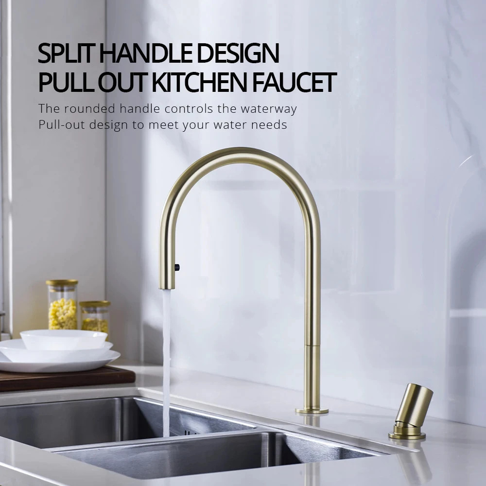 Jual NEW Brushed Gold Kitchen Faucet Invisible Pull Out Spray Mixer ...