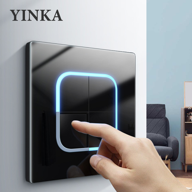 Jual BEST YINKA Tempered Glass Panel Acrylic Button Black Wall Socket ...