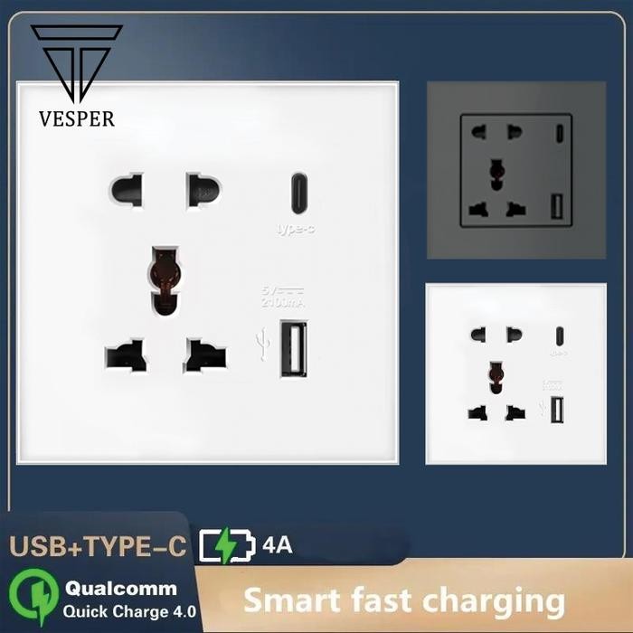 Jual stop kontak premium socket 2in1 USB type C / colokan listrik ...