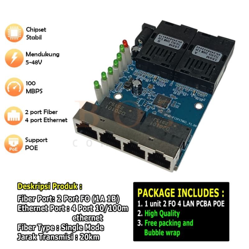 Jual MEDIA CONVERTER 2 FO 4 LAN 10/100 MBPS SUPPORT POE BOARD SWITCH FIBER OPTIC 100% ORIGINAL ...