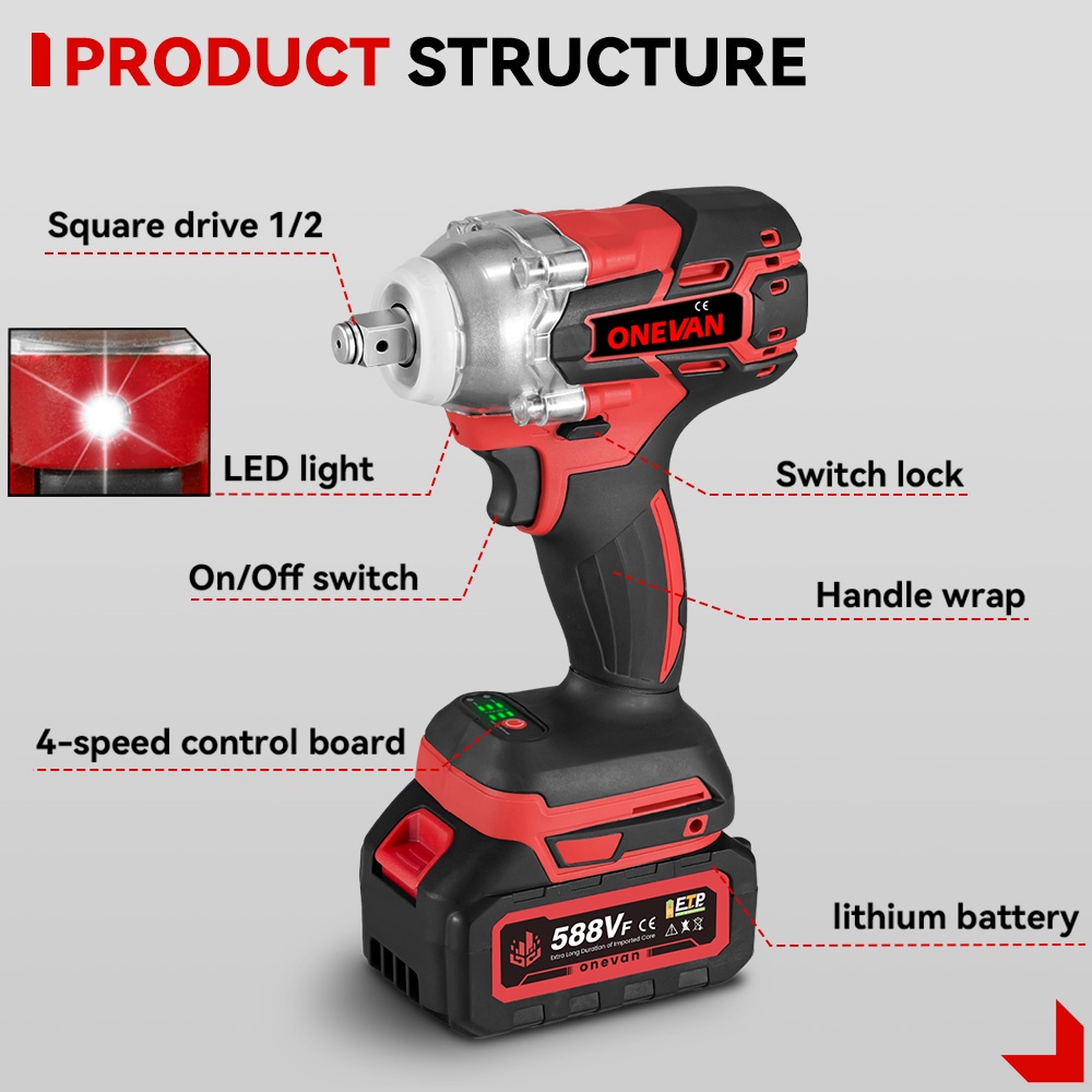 Jual ONEVAN 520N.M 4200RPM Brushless Electric Impact Wrench Cordless ...