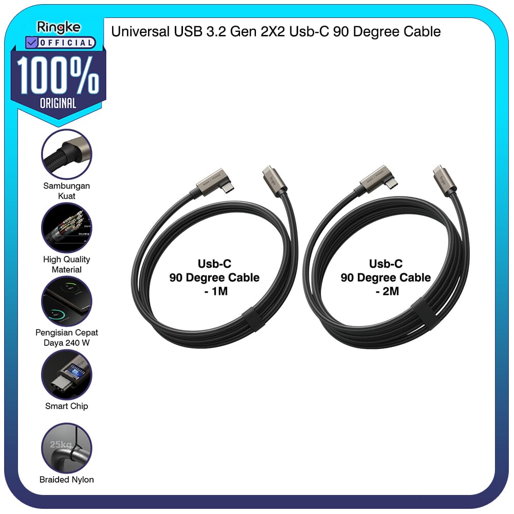 Jual Kabel Data Ringke Universal USB 3.2 Gen 2X2 Usb-C 90 Degree Cable Fold Bent Fast Charging ...