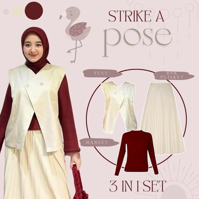 Jual One Set Wanita Kekinian 3 in 1 ( Vest Linen - Manset - Rok Plisket ) Setelan OOTD HIjab ...