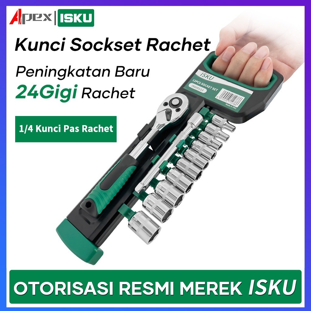 Jual Isku Kunci Sok Socket Set 12 Pcs Kunci Pas Ratchet 1/4 Inch 24Gigi ...