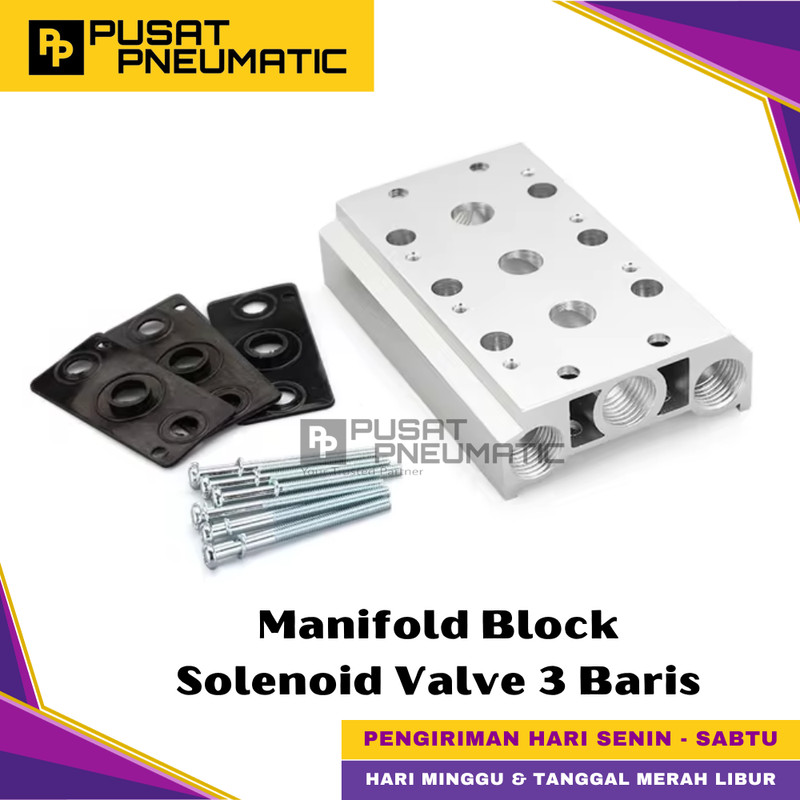Jual 300M-3F Pneumatic Base Plate Manifold Block Set 3 Baris Body 300 For Solenoid Valve Airtac ...