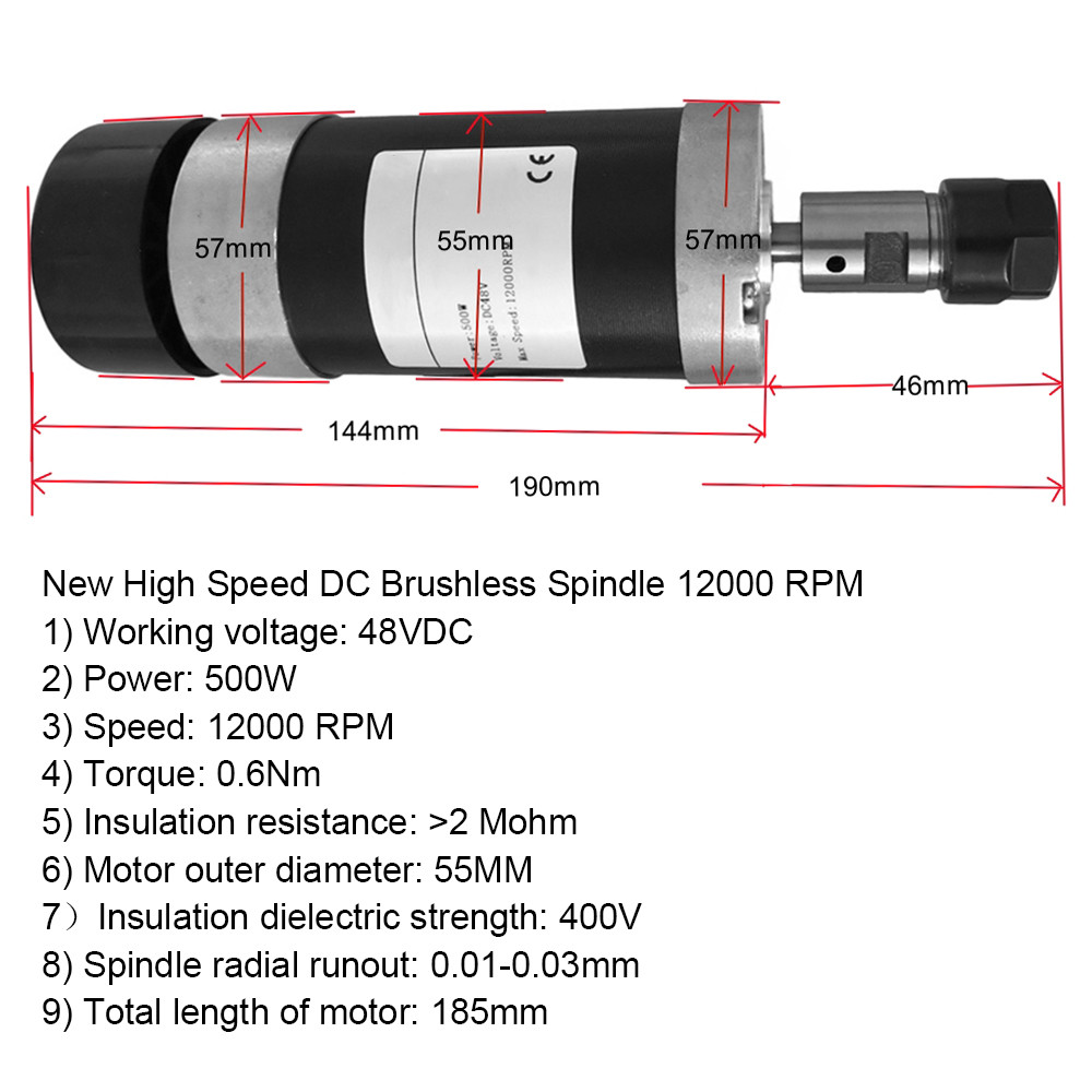 Jual 500W CNC Brushless Spindle 0.6Nm 48V 12000RPM With Hall Sensor ...