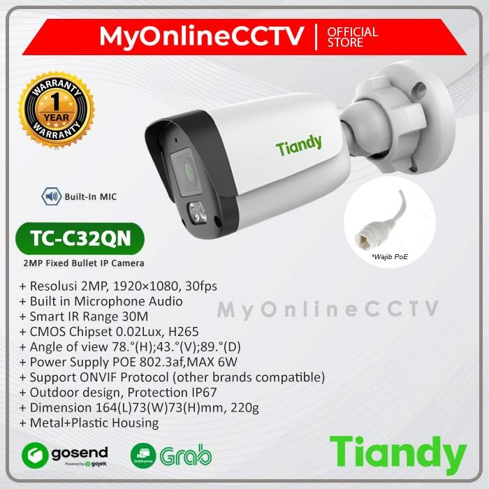 Jual Zooma- Ip Camera Cctv Tiandy Tc-C32Qn 2Mp Audio Poe Onvif Ir Outdoor Anti Air | Shopee ...