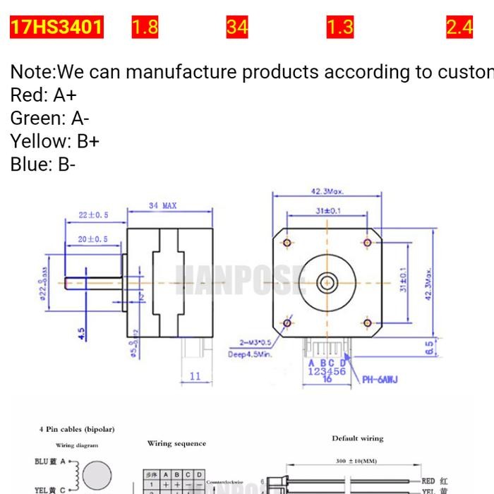 Jual Stepper Motor Nema 17 Stepper Motor 17Hs3401 1.3 A High Torque ...