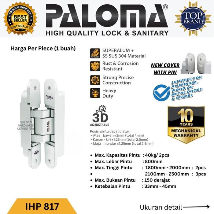 Jual PALOMA IHP 817 Engsel Pintu Tanam Invisible Concealed Hinge Putih ...