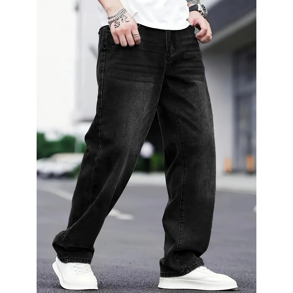 Jual Men'S Fashion Hip Hop Style Loose Straight Jeans Solid Color ...