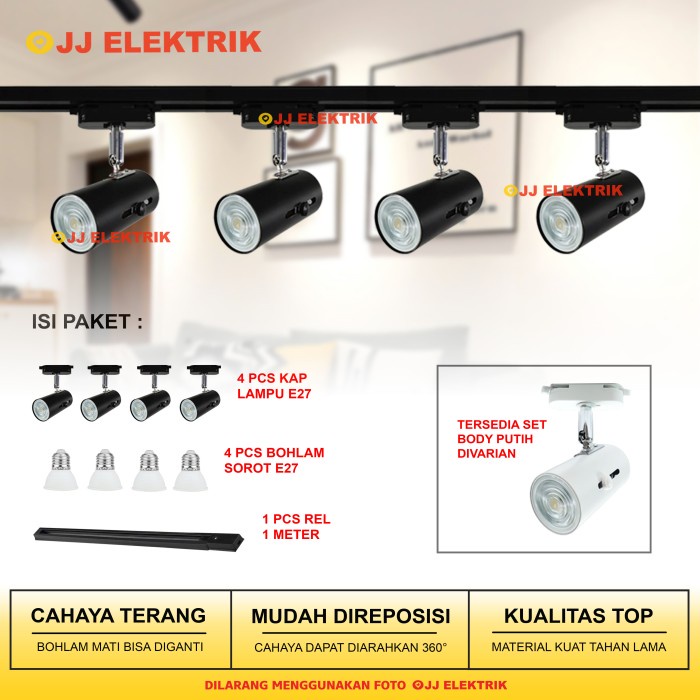 Jual Paket Lampu Sorot Rel 1 Set isi 4 Spotlight Track Light Rell Spot LED | Shopee Indonesia