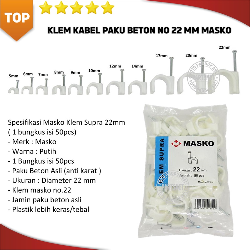 Jual Klem kabel paku beton Masko cable clip listrik isi 50 pcs - 22mm ...