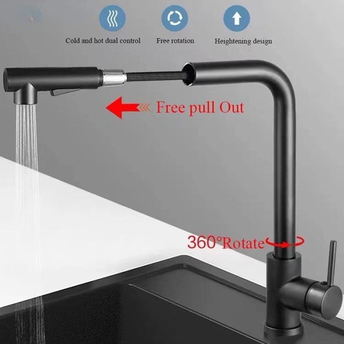 Jual Black Pull Out Kitchen Sink Faucet Deck Mounted Stream Sprayer ...