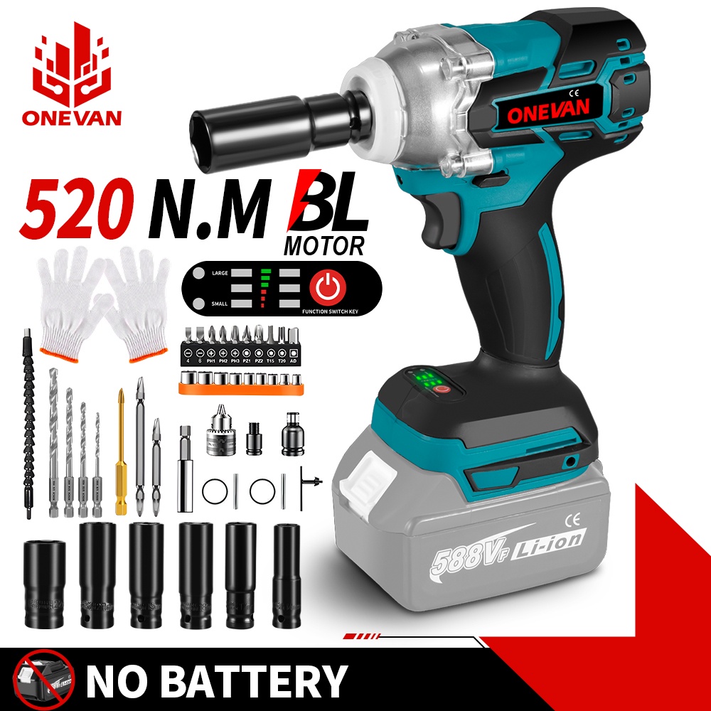 Jual ONEVAN Brushless 520N.M Electric Impact Wrench Cordless Electric 1 ...