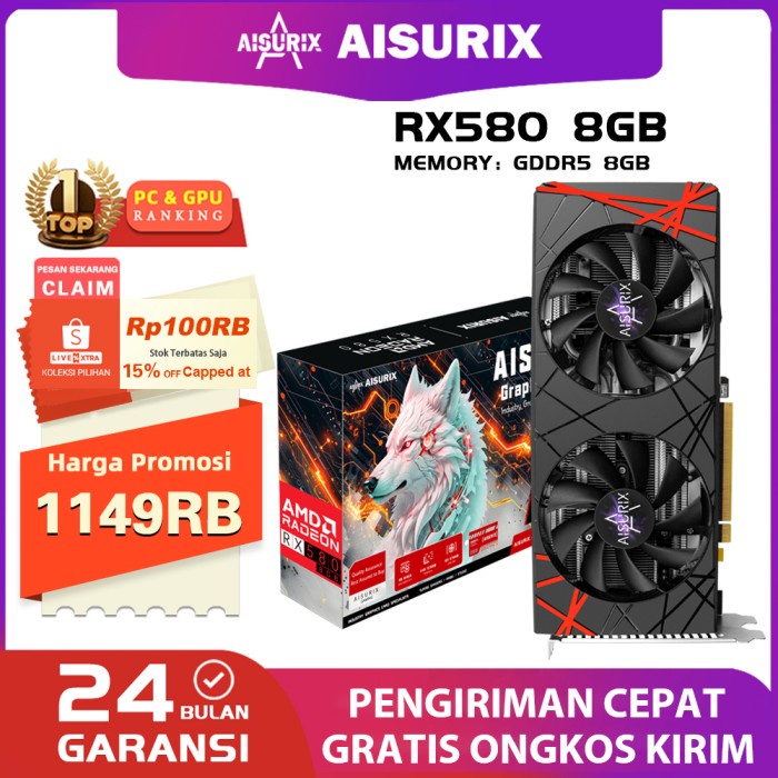 Jual Ready AISURIX New VGA AMD RX 580 8GB VGA Card DDR5 256Bit 2048SP ...