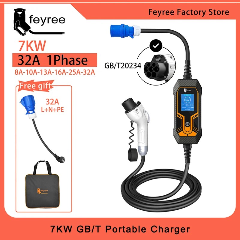 Jual feyree Portable EV Charger Wallbox GB/T Cord 7KW 32A 5m Cable 1Phase EVSE Charging Box ...