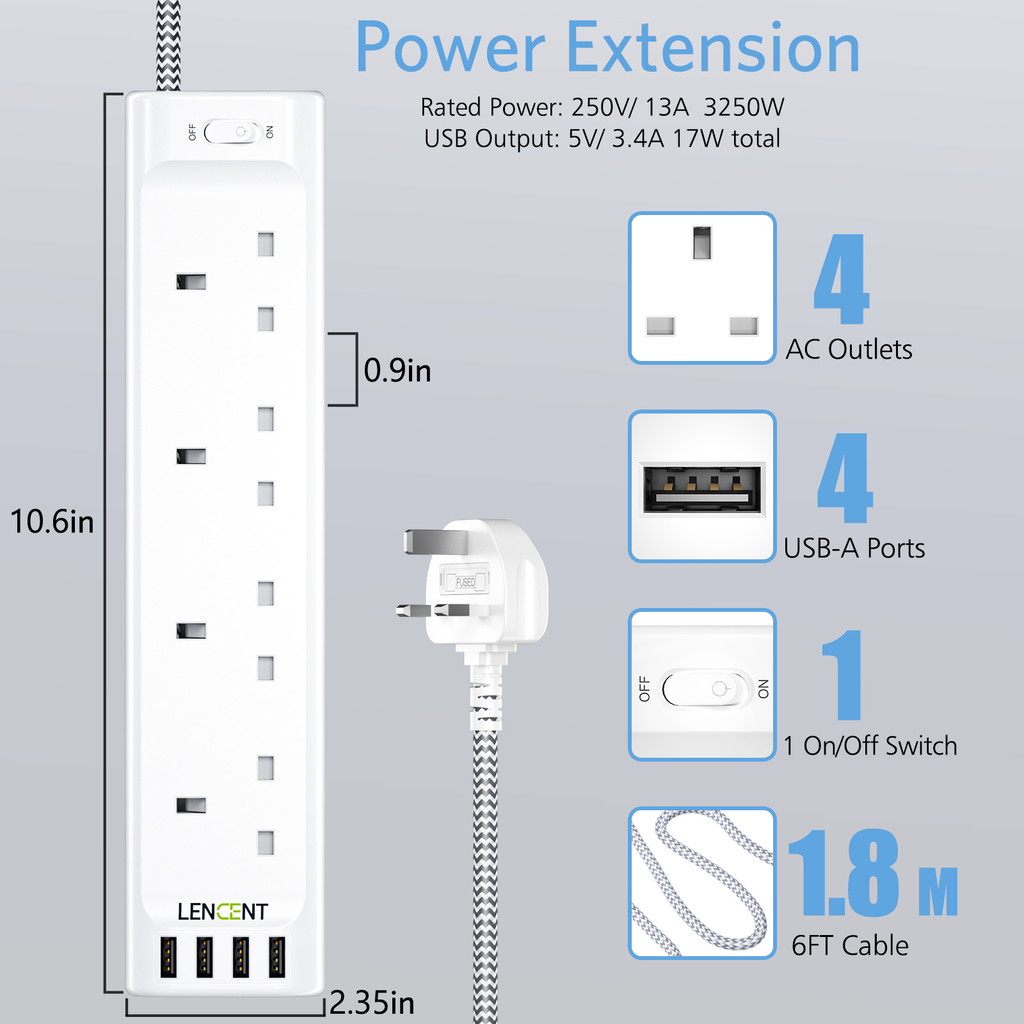 Jual LENCENT UK Power Strip with 4 AC Outlets 4 USB 3250W Multi Power ...