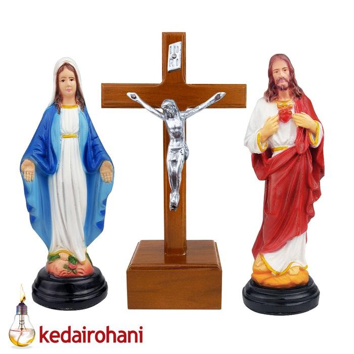 Jual Set Patung Doa Lingkungan Maria Yesus Salib Duduk Kayu Corpus 15 ...