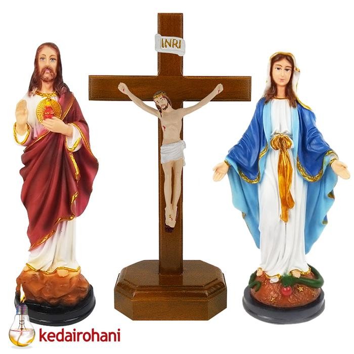 Jual Set Patung Doa Maria Yesus 24 Cm Salib Duduk Kayu Corpus Inri 27 ...