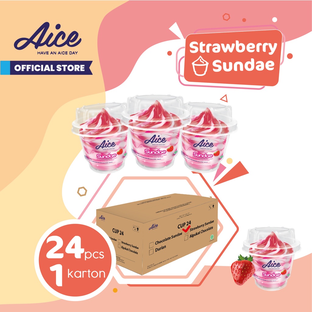 Jual Aice Ice Cream Strawberry Sundae cup ( 1 karton = 24 pcs ...