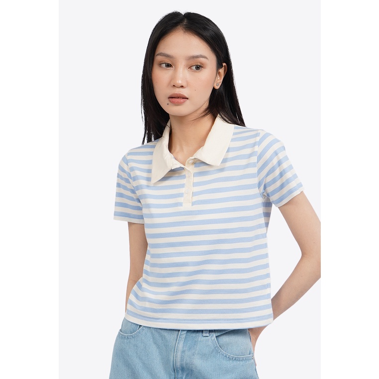 Jual COLORBOX Fitted Stripe Short Sleeve Polo Top Blue | Shopee Indonesia