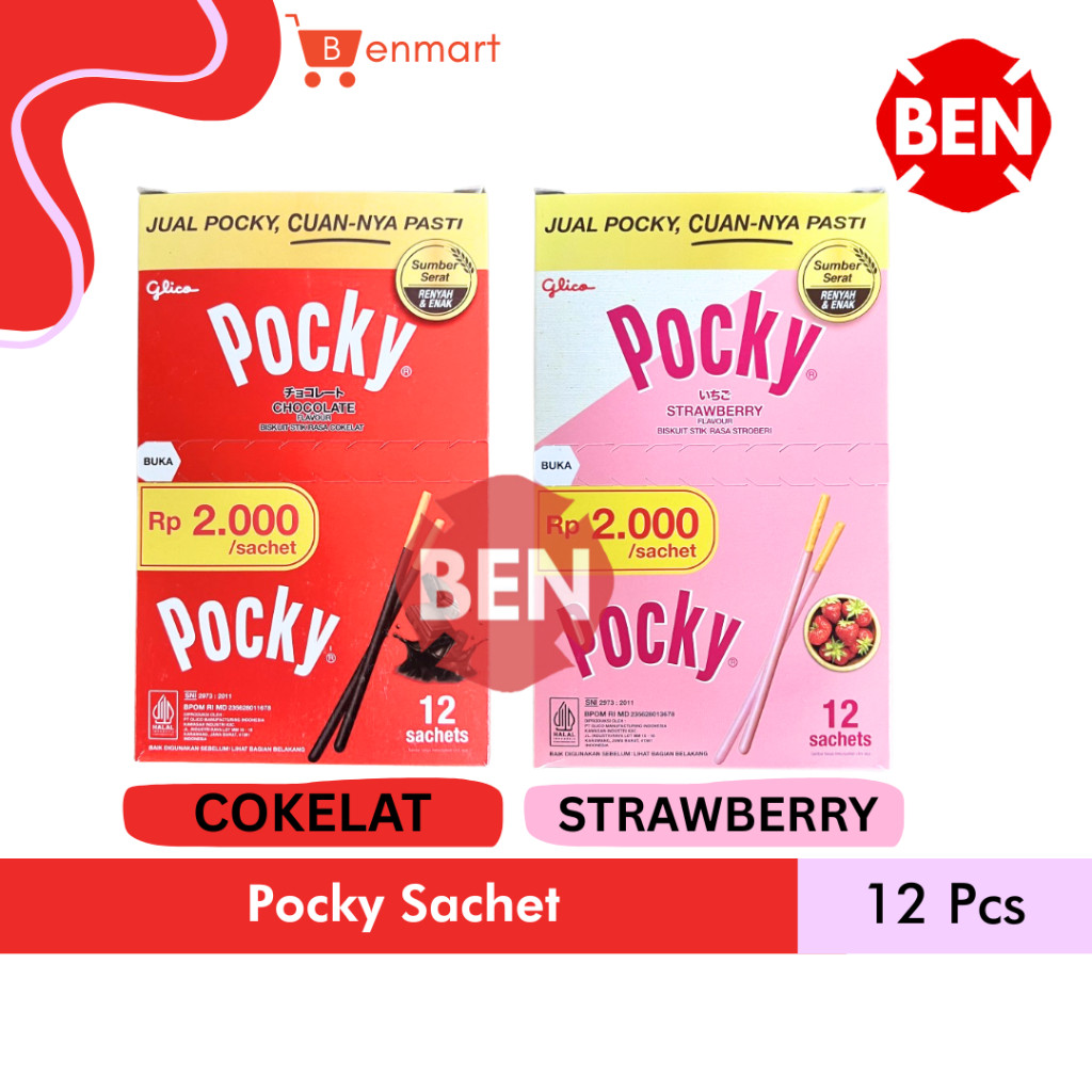 Jual Glico Pocky Sachet CHOCOLATE / STRAWBERRY 1 Box Pak 12 Sachet ...