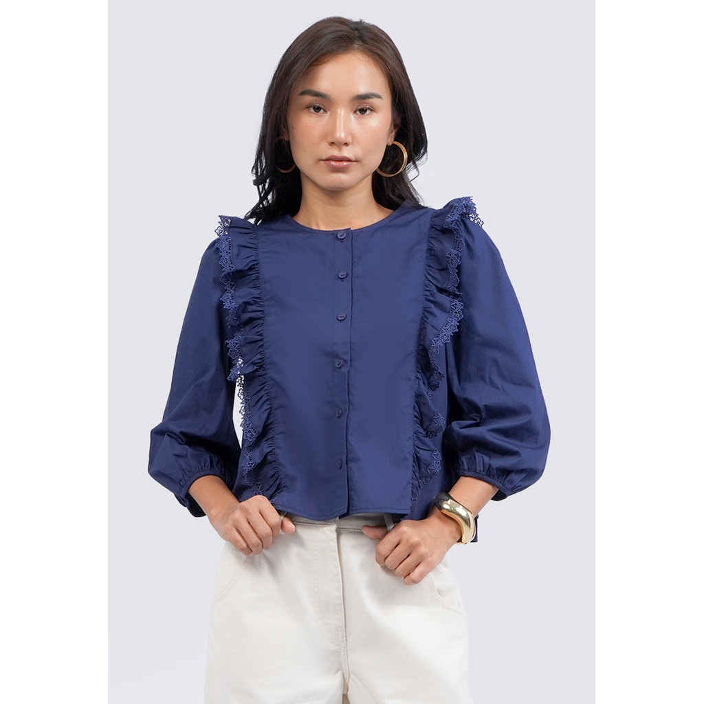 Jual ET CETERA Puff Sleeve Blouse with Frill Details NAVY | Shopee ...
