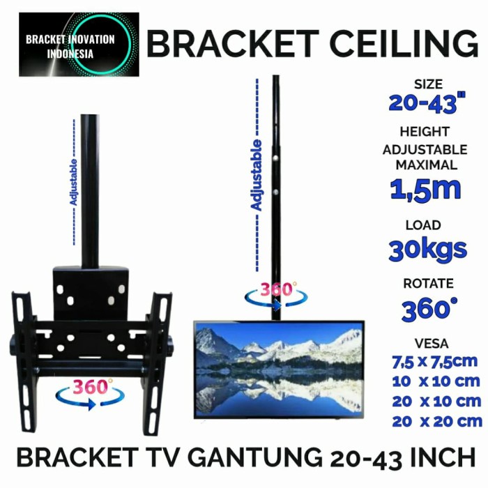 Jual Bracket monitor tv gantung atas Ceiling 19 21 24 28 32 40 43 inch ...