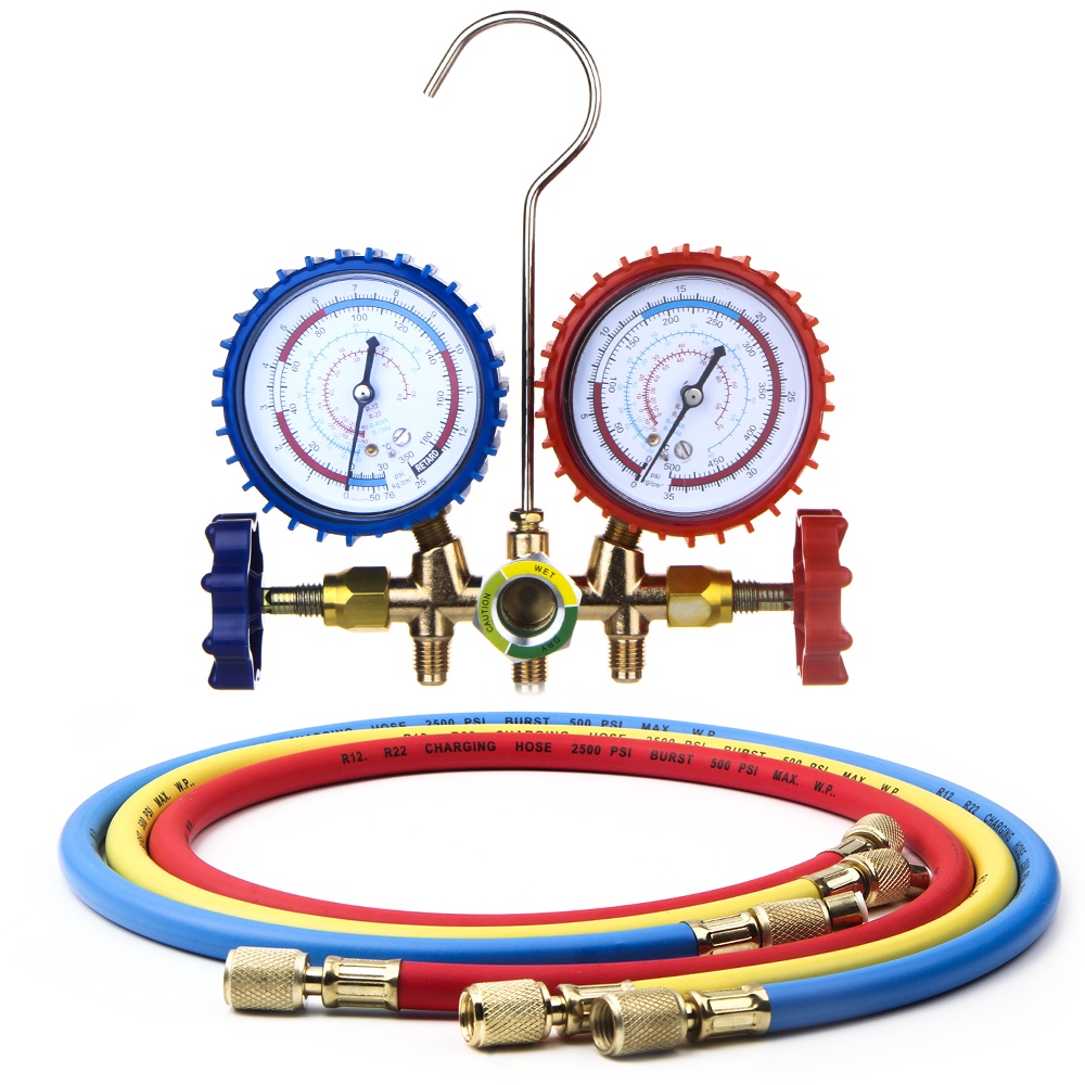 Jual R134 Air Conditioning Pressure Gauge with Hose and Hook 3 Way AC ...