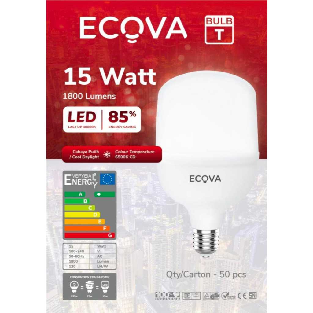 Jual Ecova Lampu T Bulb LED Model Kapsul 15W 15 W 15 Watt 15Watt - Putih Cooldaylight 6500K ...